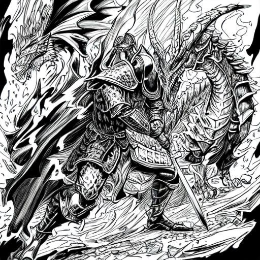 black and white coloring page of a knight fighting a...