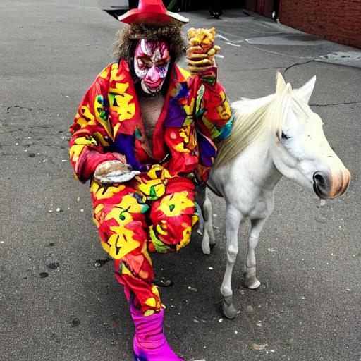 Homeless clown eats burrito with a horse man