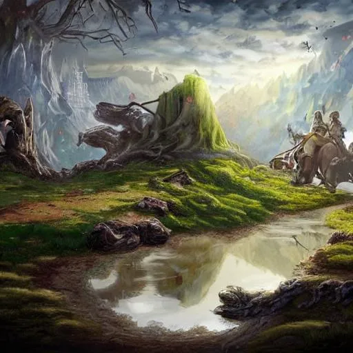 Fantasy landscape battle over shallow puddles | OpenArt