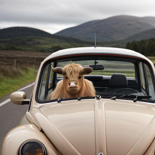 A Highland cow driving a Volkswagen Beetle
