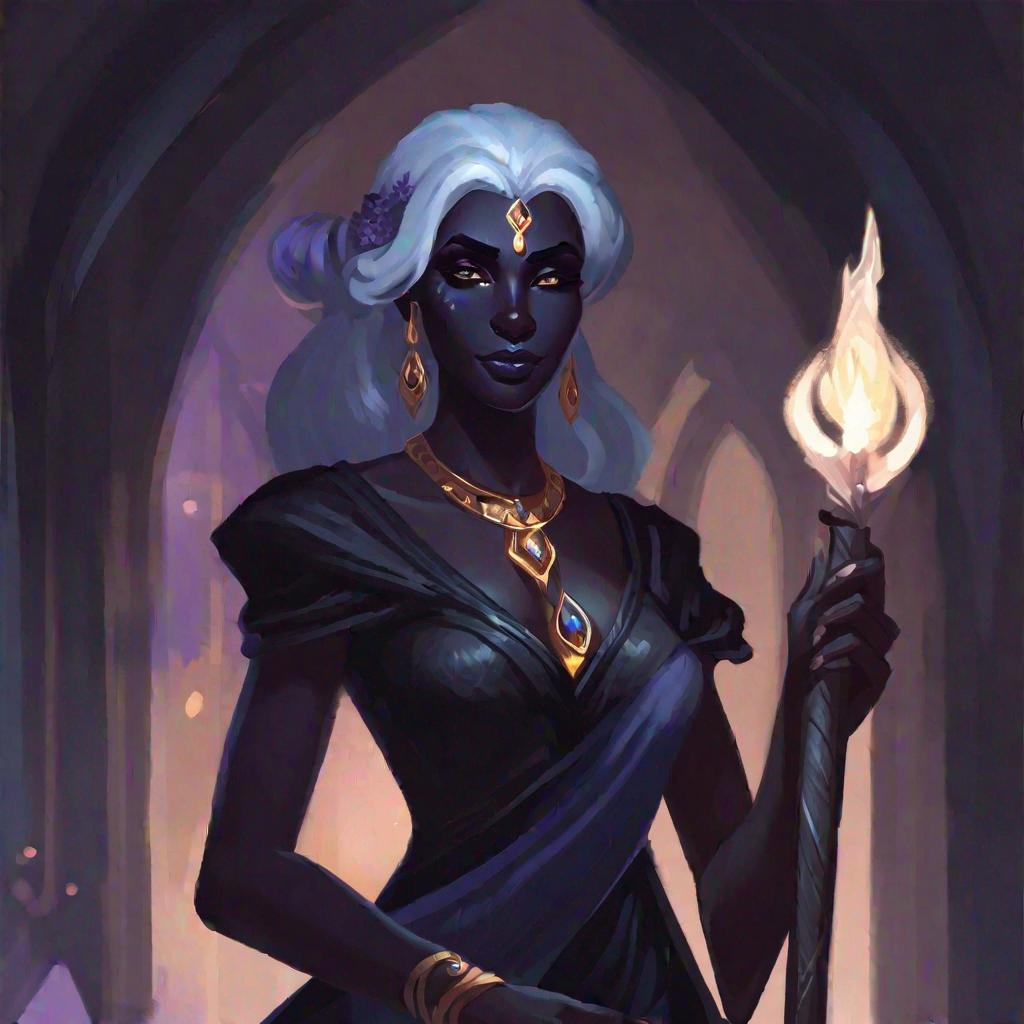 A drow Priestess with a magic staff. she wears a lon...