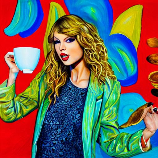 A painting of Taylor Swift, holding a cup of coffee,... | OpenArt