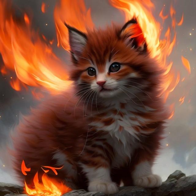 Cute, red, fluffy, fire kitten, possessing the eleme... | OpenArt