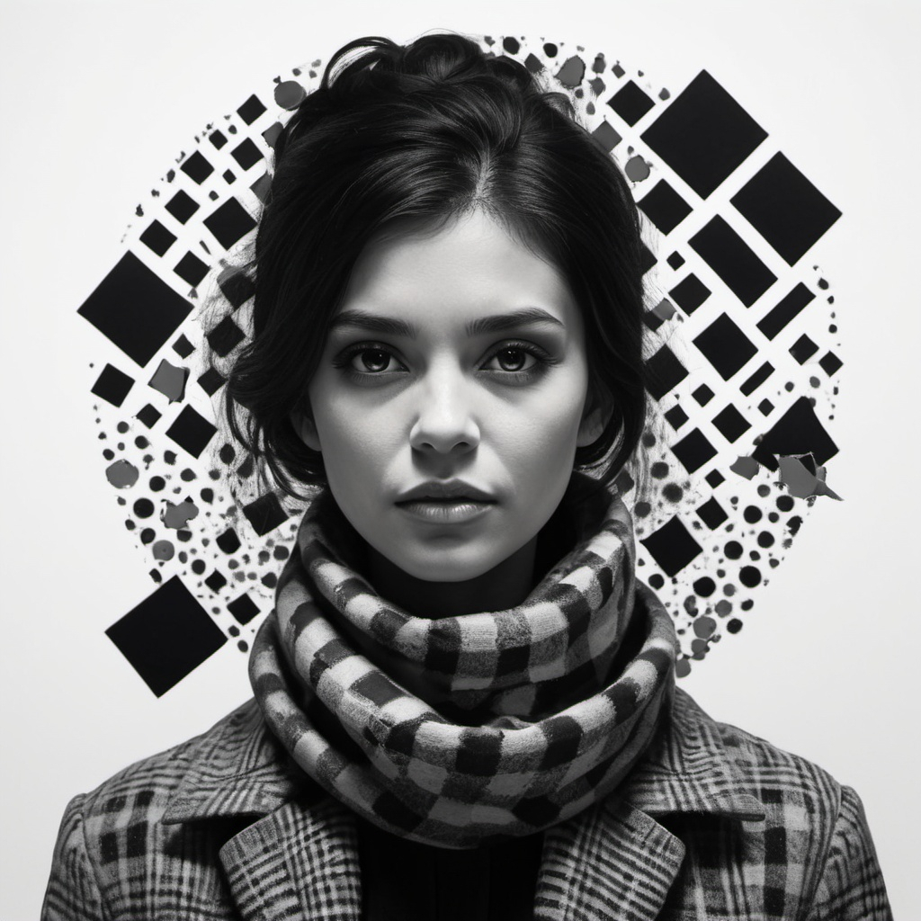 Create a monochromatic artwork of a person with dark...