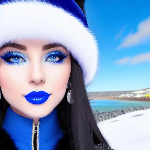 Hallie Jackson, soldier, blue lipstick, snowy beach,... | OpenArt