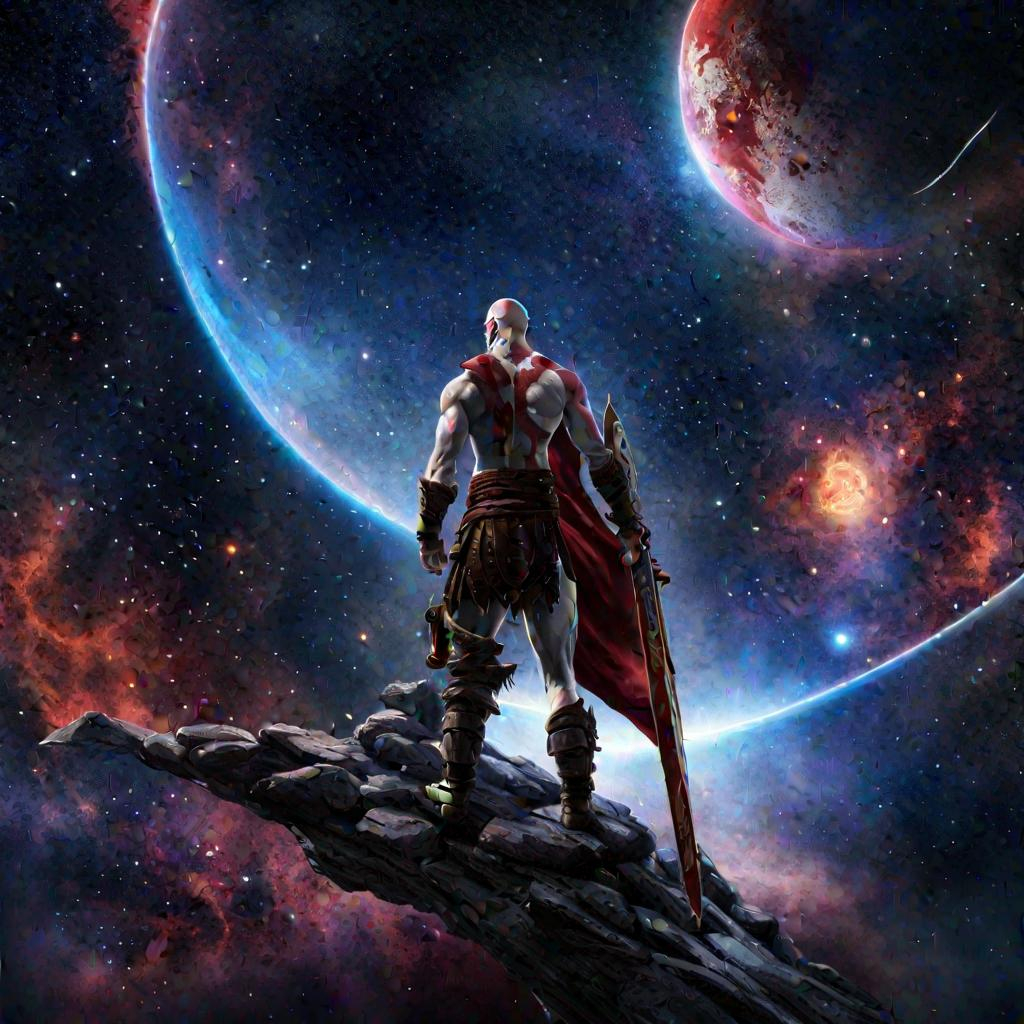 God of war Kratos profile, space background filled w...