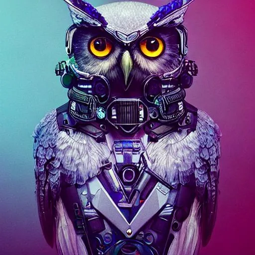 a beautiful portrait of a cute cyberpunk owl full bo...