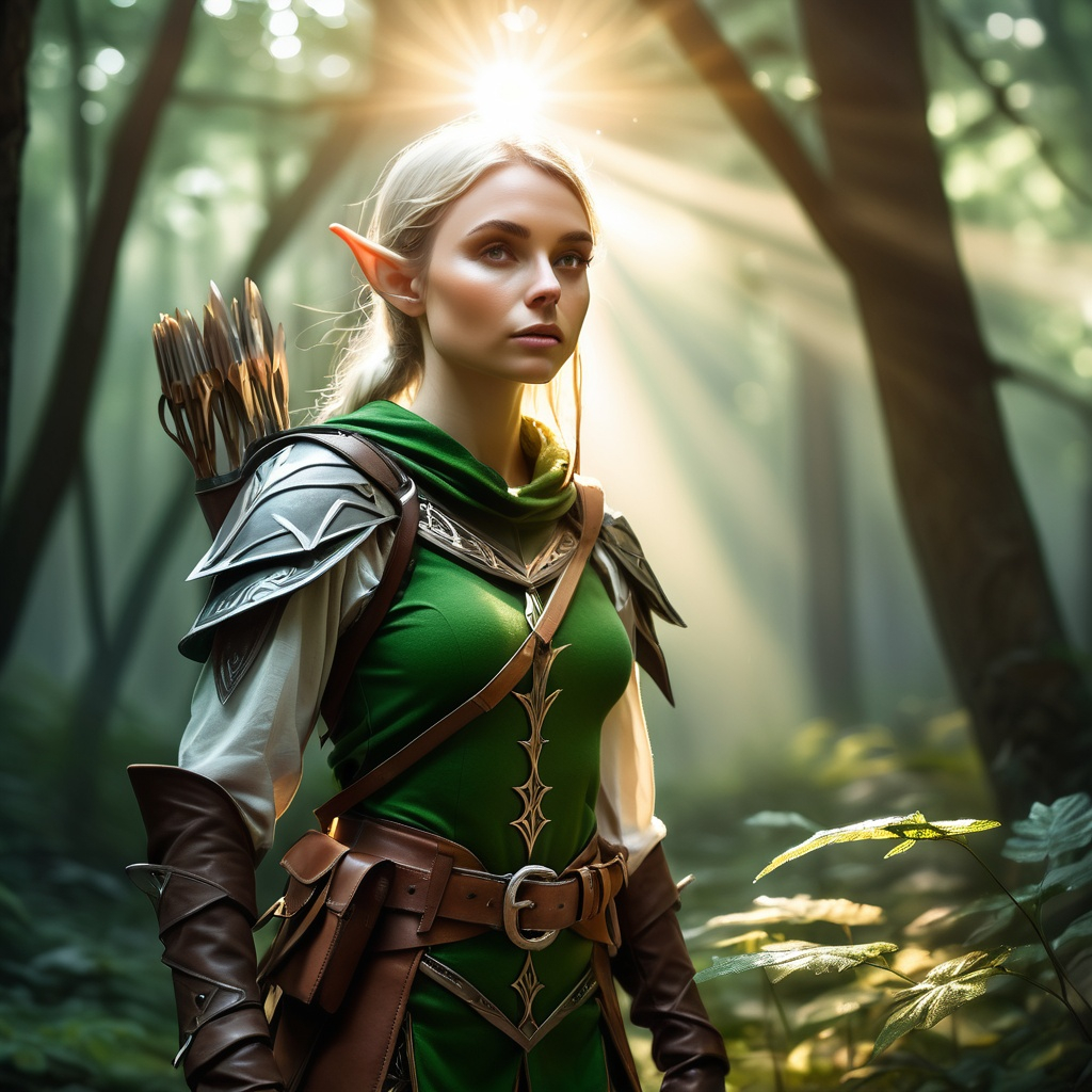 Elf ranger in a mystical forest around sunlight