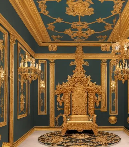 A 3D render of a teal rococo royal court, with a lar...