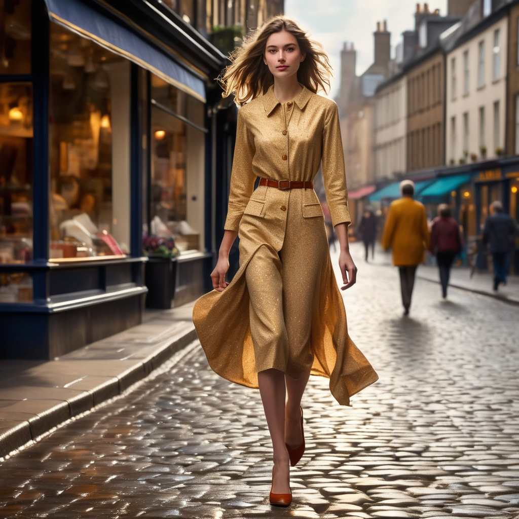 Tall young woman walking down the high street, detai...