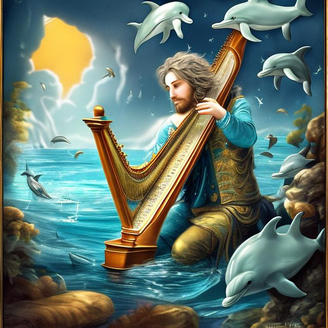 The bard Arion playing the harp and the dolphins lis...