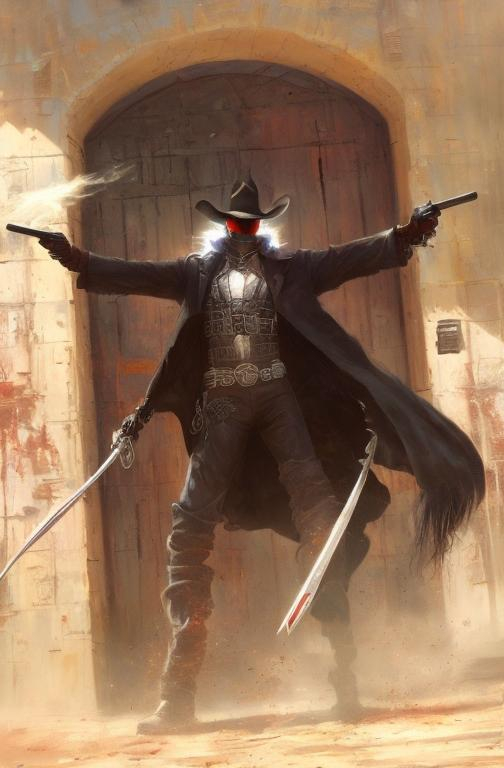 Cyber Cowboy with 4 Arms, fiery red Poncho, Dressed...