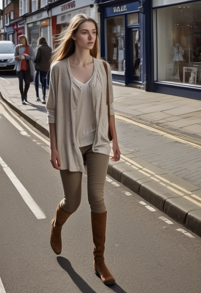 Tall young woman walking down the high street, detai...