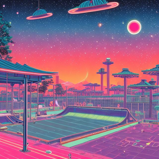 retro skate park scene, imperial japan, retrowave, n...