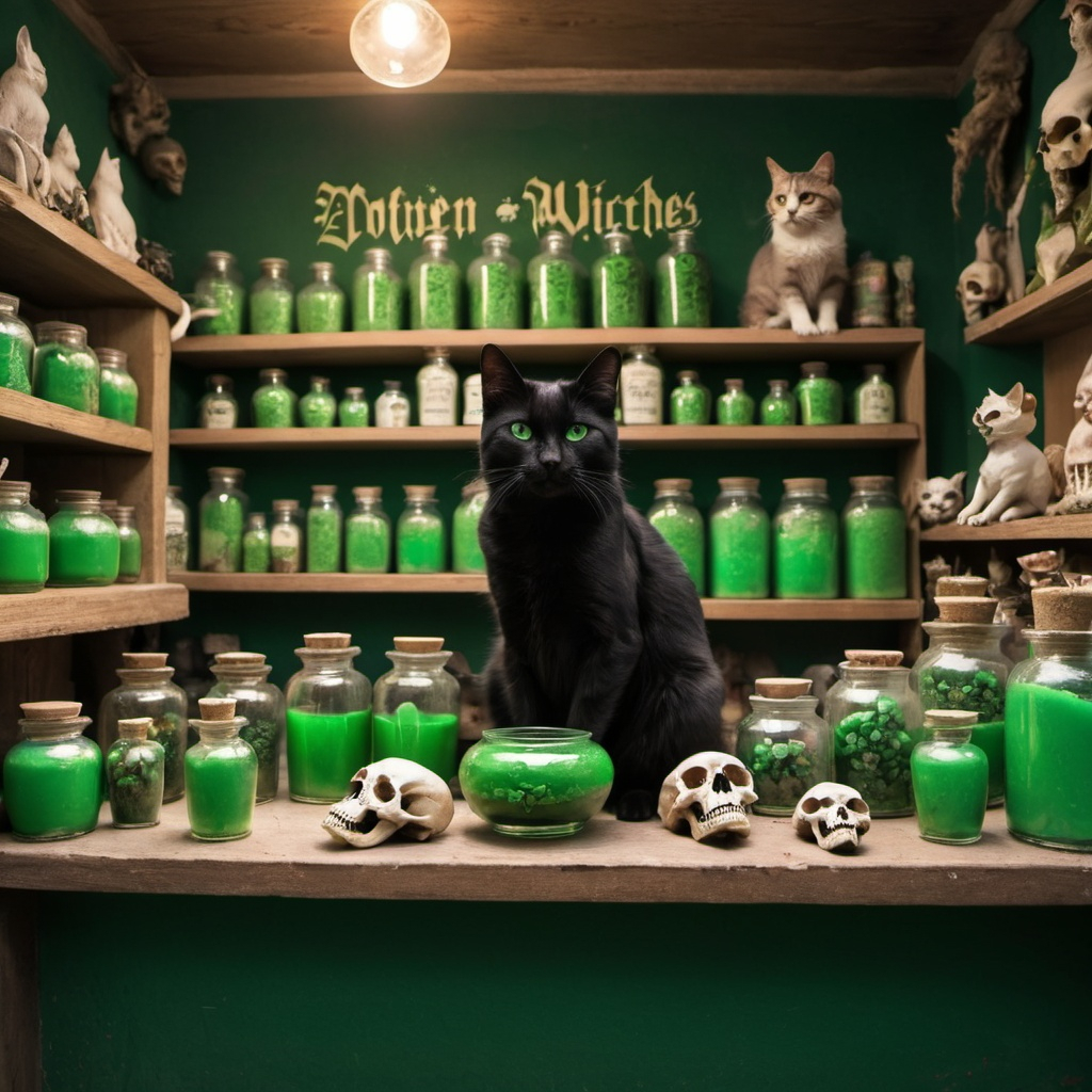 A souvenir shop of witches which is selling green po...