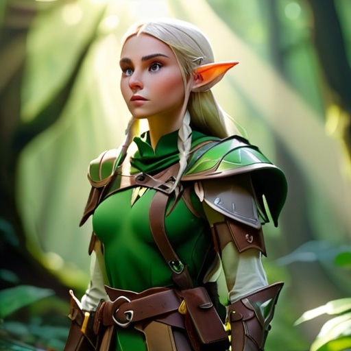 Elf ranger in a mystical forest around sunlight