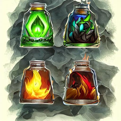 4 elemental potions (fire, water, earth, air) capped... | OpenArt