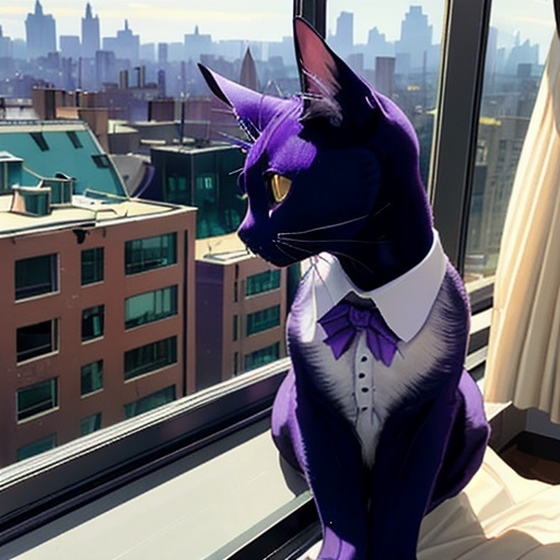 A graceful purple cat is sitting in the window of an...
