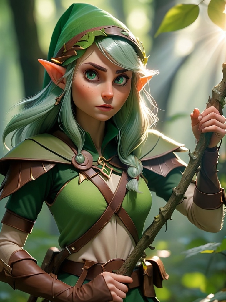 Elf ranger in a mystical forest around sunlight