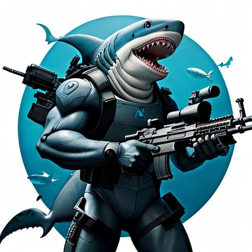 Humanoid shark holding a machine gun
