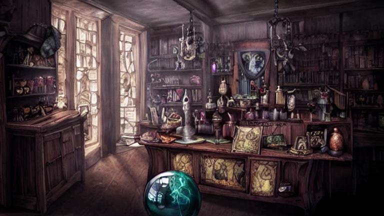 Enchanted shop, potion laboratory, books on the tabl... | OpenArt