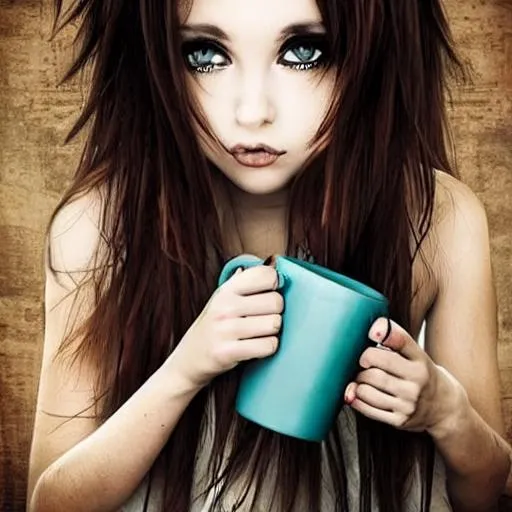Beautiful Emo girl with cup art, brown eyes, flowers... | OpenArt