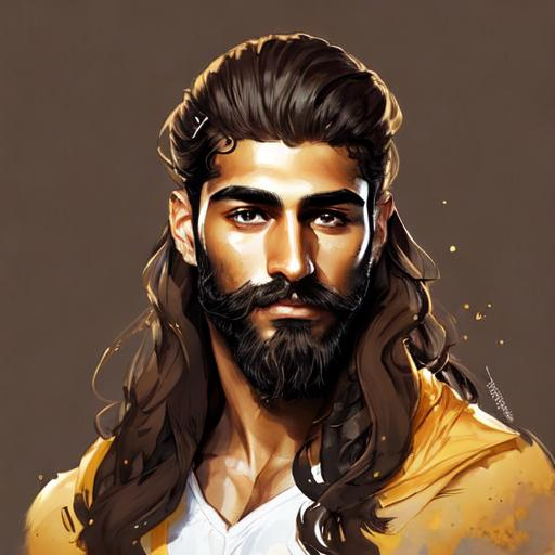 handsome dark skin arab man long wavy brown hair gol...