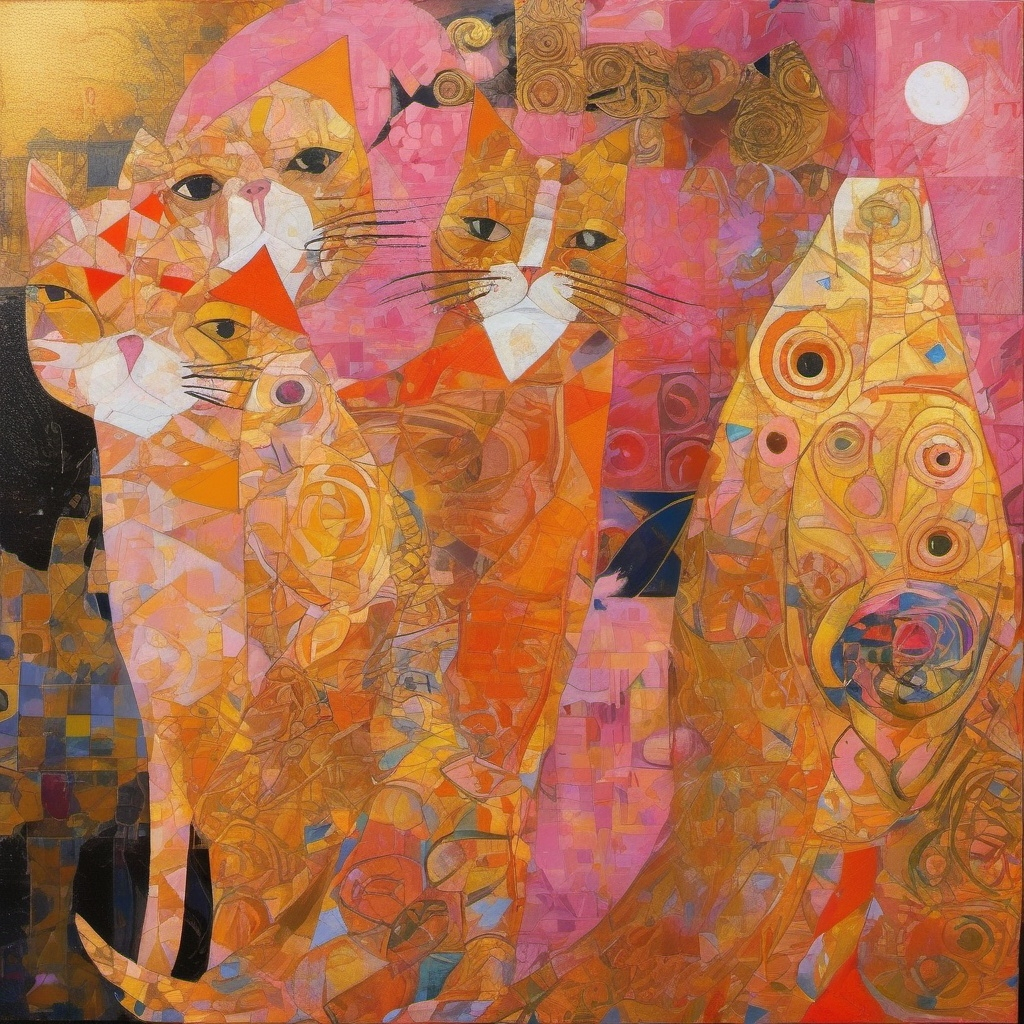 Gustav klimt, cats with geometric patterns, glowing,...