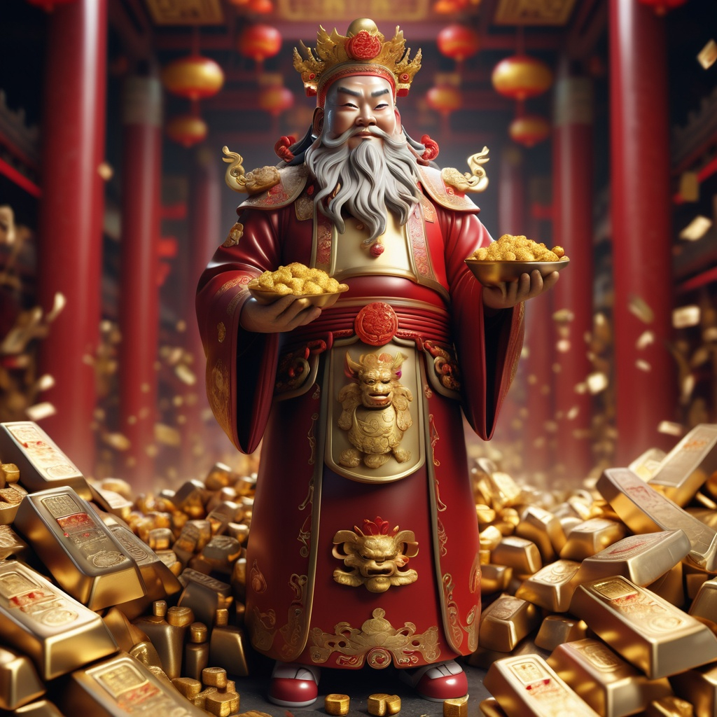 A traditional Chinese God of Wealth, holding gold ba...