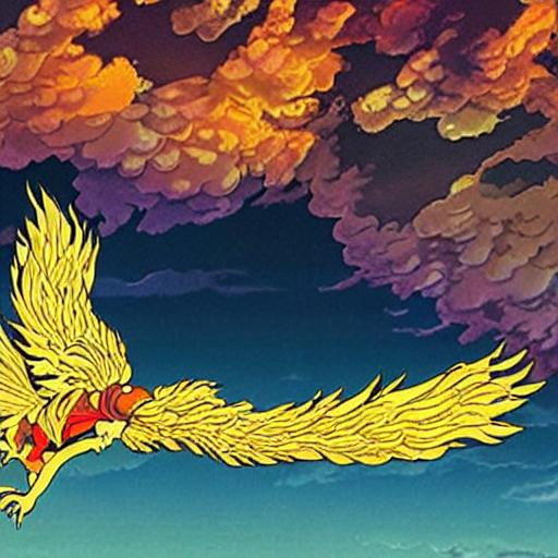 Golden Phoenix illustrated in studio ghibli animation