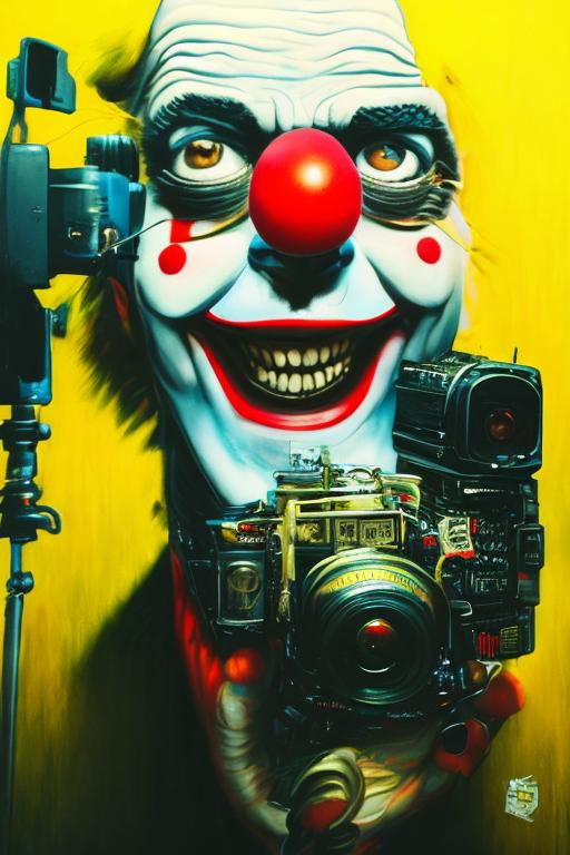 Ugly smiling clown holding big photographic camera.... | OpenArt