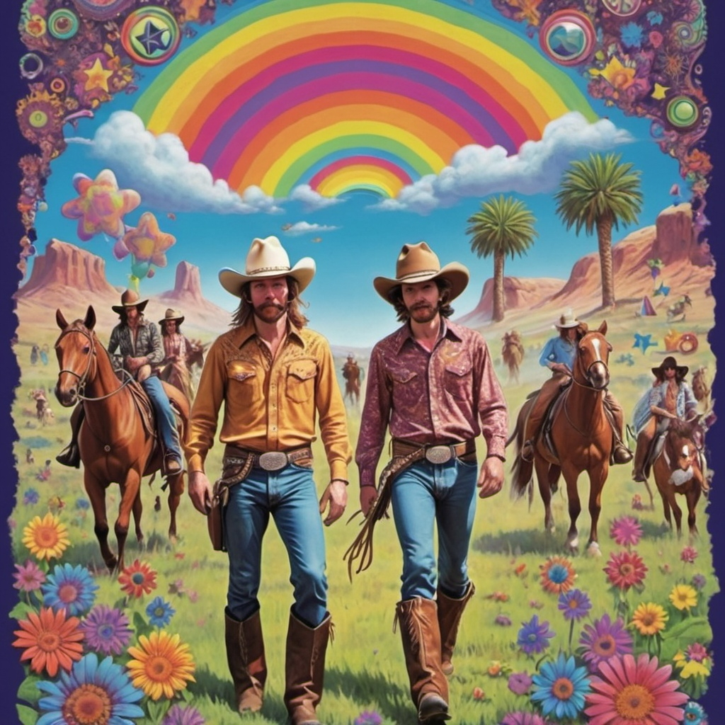 Cowboys vs. hippies/psychedelic birthday poster