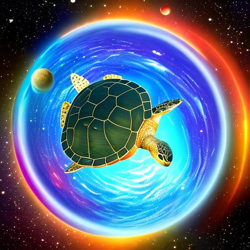 A turtle swiming in out space next to planets