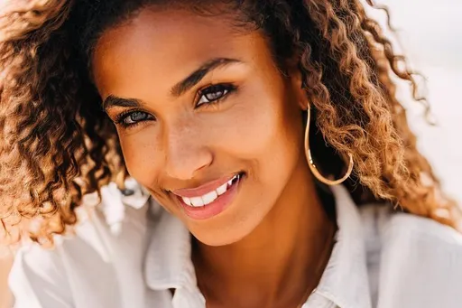 brown-skinned woman smile portrait, minimalism, whit... | OpenArt