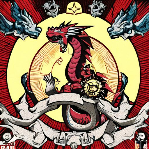 dragon skull in front of a sun in the style of a roy... | OpenArt