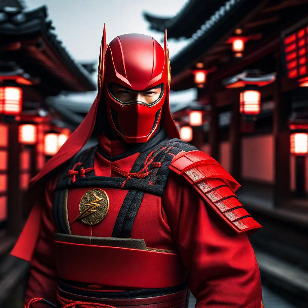 Portrait of { red Ninja the flash } in {edo era Jap...