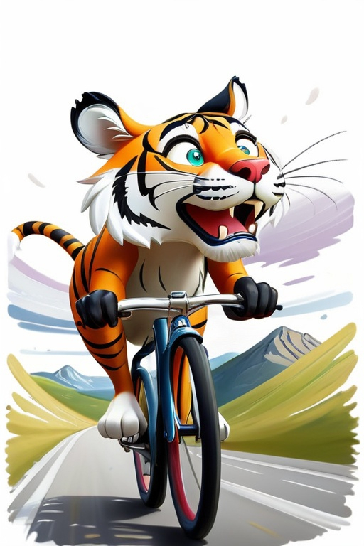 cycling tiger on the road, ultra low detailed, colo...