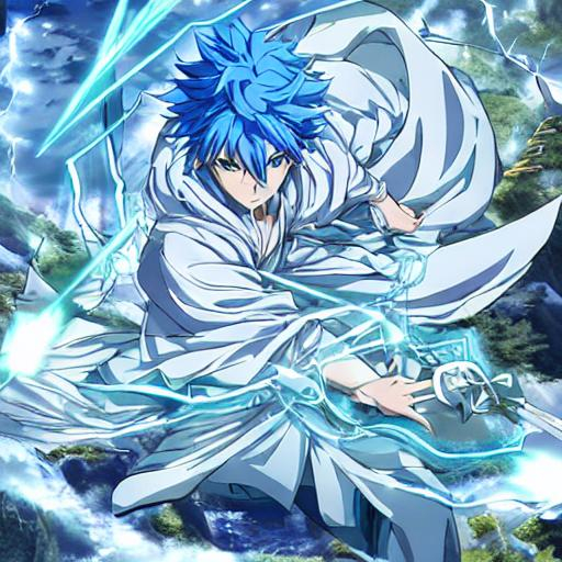 Anime guy with thunder sword, blue hair, white cloak...