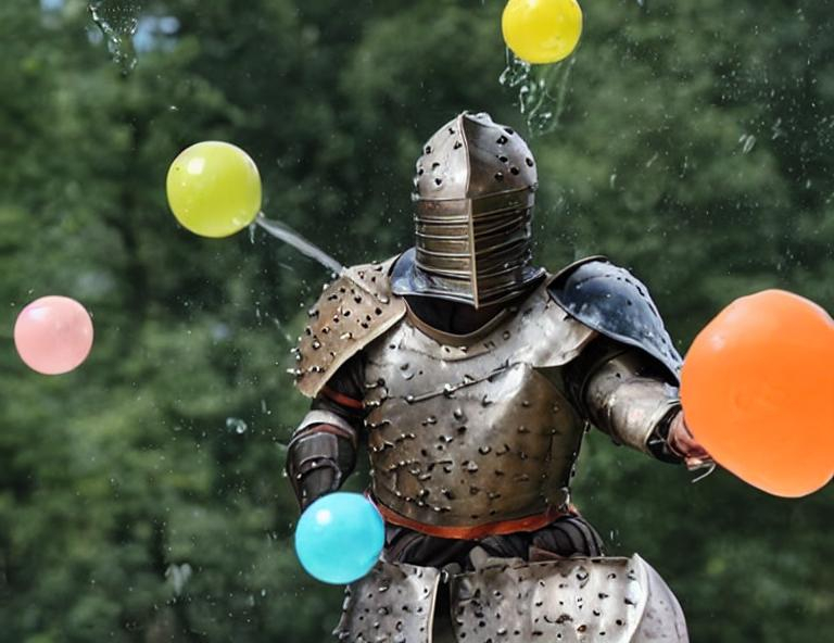 A Medieval Knight Being Hit With Water Balloons | OpenArt