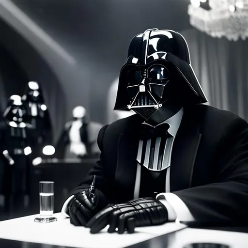a high quality black and white photo of Darth Vader...