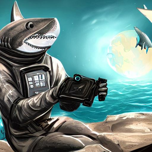 humanoid shark playing videogames, on the moon, digi... | OpenArt