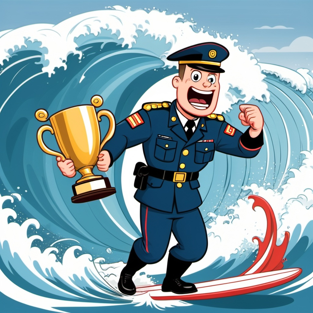 cartoon soldier holding a trophy and surfing a tsunami