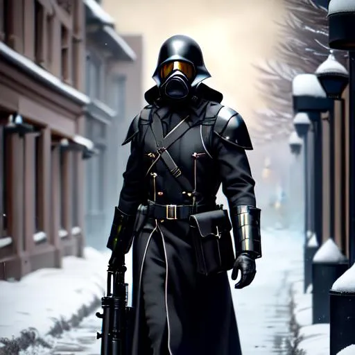 soldier smiling in black overcoat armor with backpac... | OpenArt