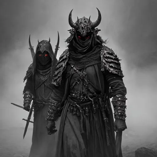 Mystical photo of masked demons in rugged gear, enga... | OpenArt