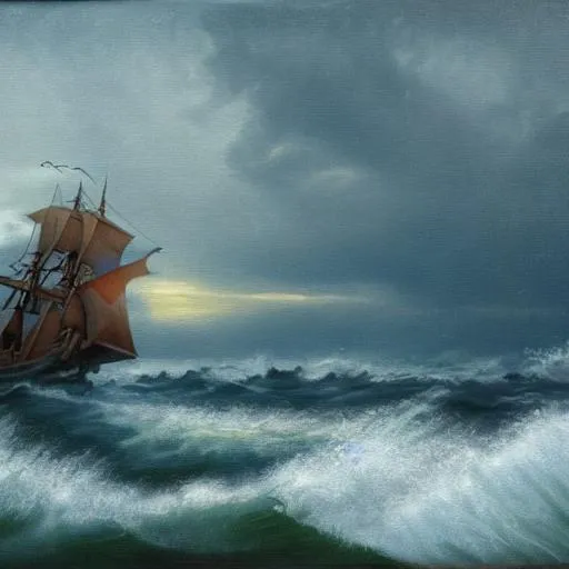open seas with a sloop sailing in the horizon, sundown | OpenArt