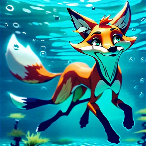 Anthro fox swimming underwater