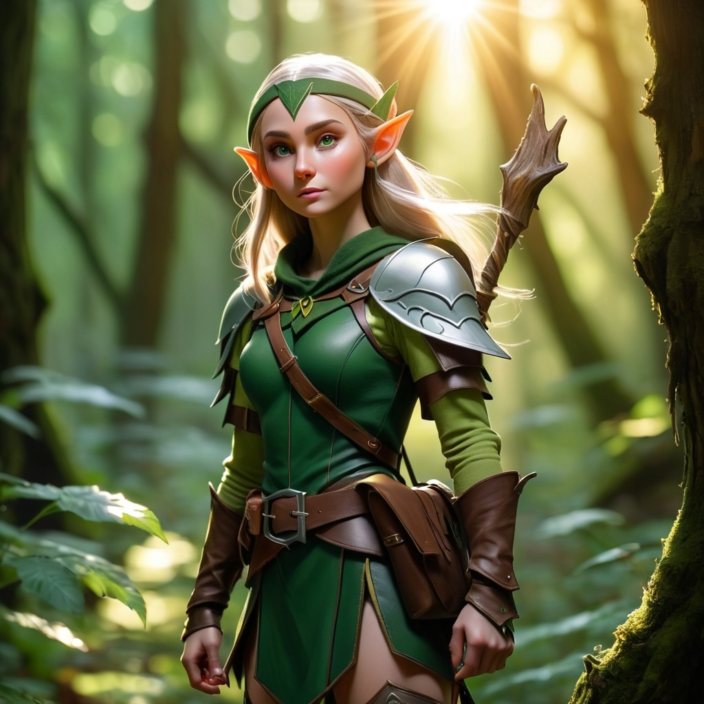 Elf ranger in a mystical forest around sunlight