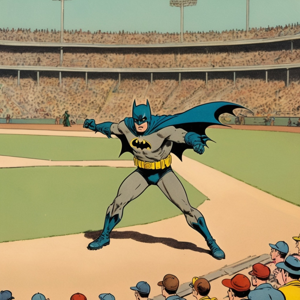 Batman is facing off against robin on a baseball fie...