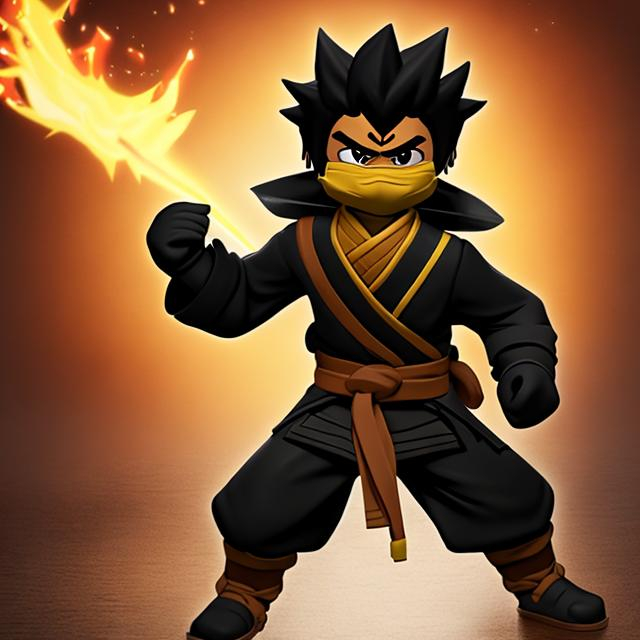 A boy with dark brown skin a black ninja gi from nin...
