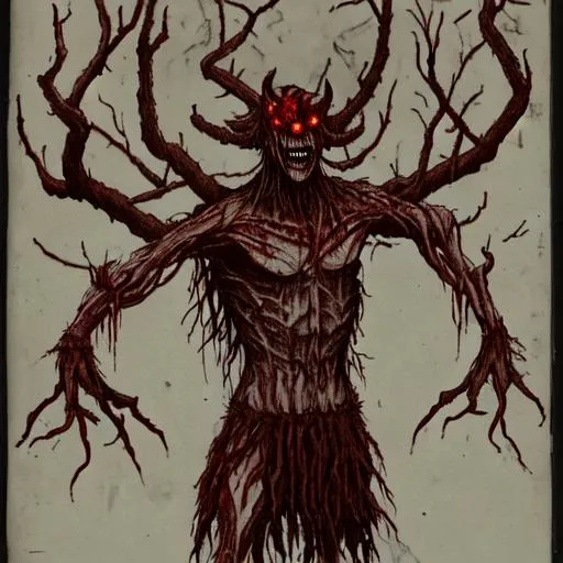 A nightmarish mysterious demonic bloody humanoid wit...